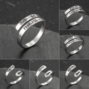 2 Pcs Inspirational Faith Rings for Women Adjustable Cross Open Statement Spiral Wrap Twist Ring Couple Promise Ring Birthday Gifts (BE FEARLESS-gold silver)