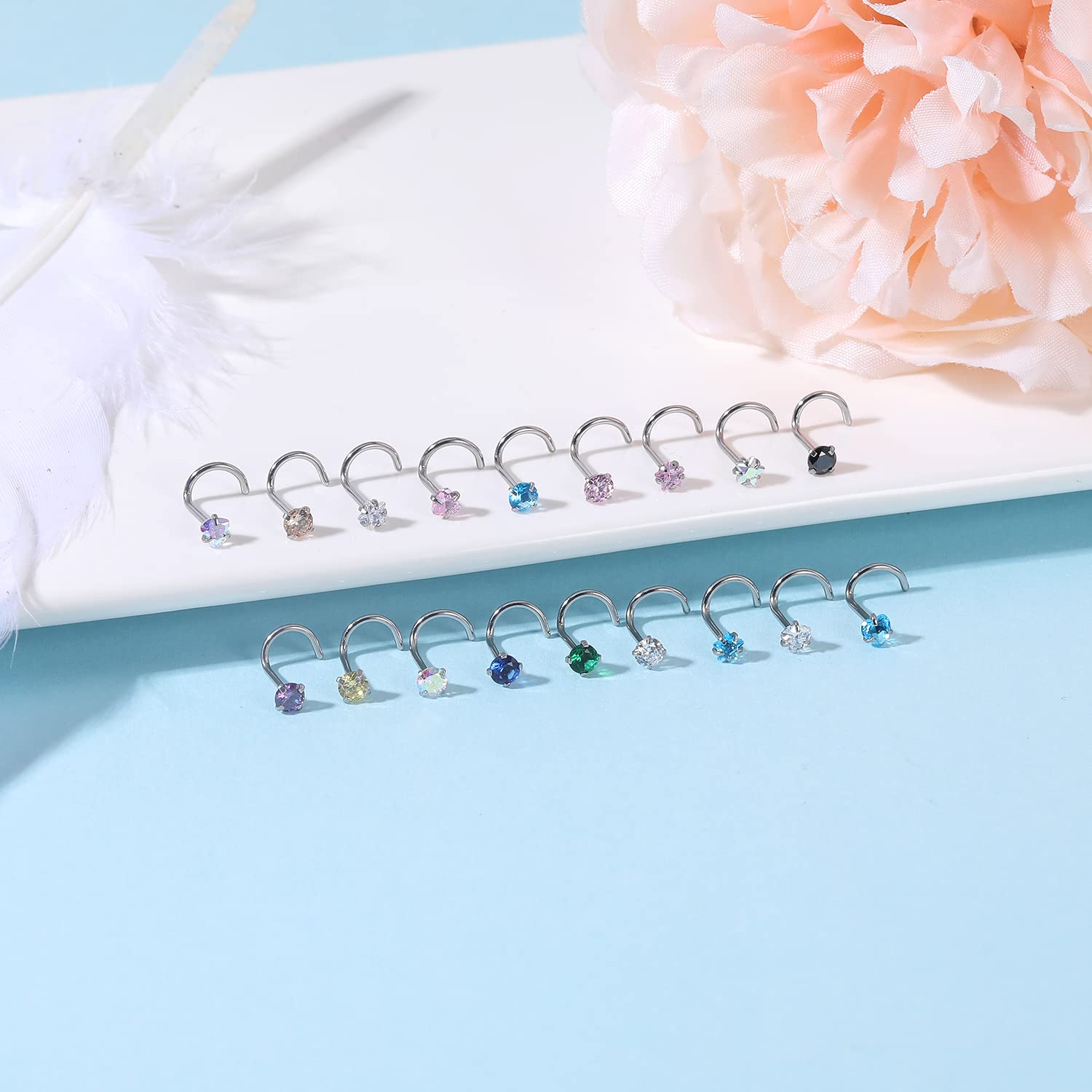 BodyAce 18pcs Stainless Steel Nose Studs Rings, 20 Gauge L Shaped stud Nose Rings for Women, Mix Colors 3mm Diamond CZ Nostril Nose Piercing Jewelry (A:Screw)