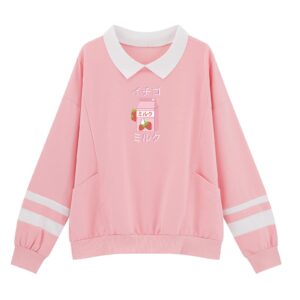 weetiotio cute strawberry milk graphic oversized sweatshirts for teen girls aesthetic hoodies collar striped women pullover (pink,s,small)