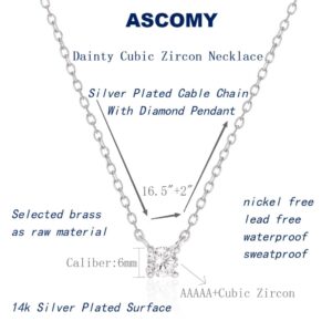 ASCOMY Dainty Silver Square Cubic Zirconia Solitaire Pendant Necklaces for Women Tiny Single Sparkly CZ Simulated Diamond Necklace Simple Shinning Bride Bridesmaids Weeding Jewelry Gifts