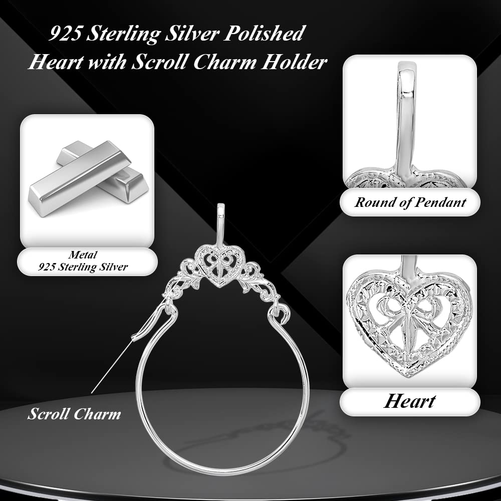 Auriga Fine Jewelry 925 Sterling Silver Heart with Scroll Charm Holder Pendant for Women (L- 1.13 Inch)