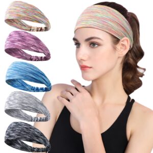 workout sweatbands for women, 5 pcs non-slip sports hair bands for yoga running, elastic hair accessories for fitness (5 pack striped colors)