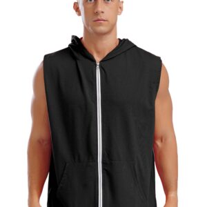 TiaoBug Men's Sleeveless Workout Hoodies Tank Tops Zip-up Hooded Vest Jacket with Kangaroo Pocket Muscle Tees Shirt Black Medium