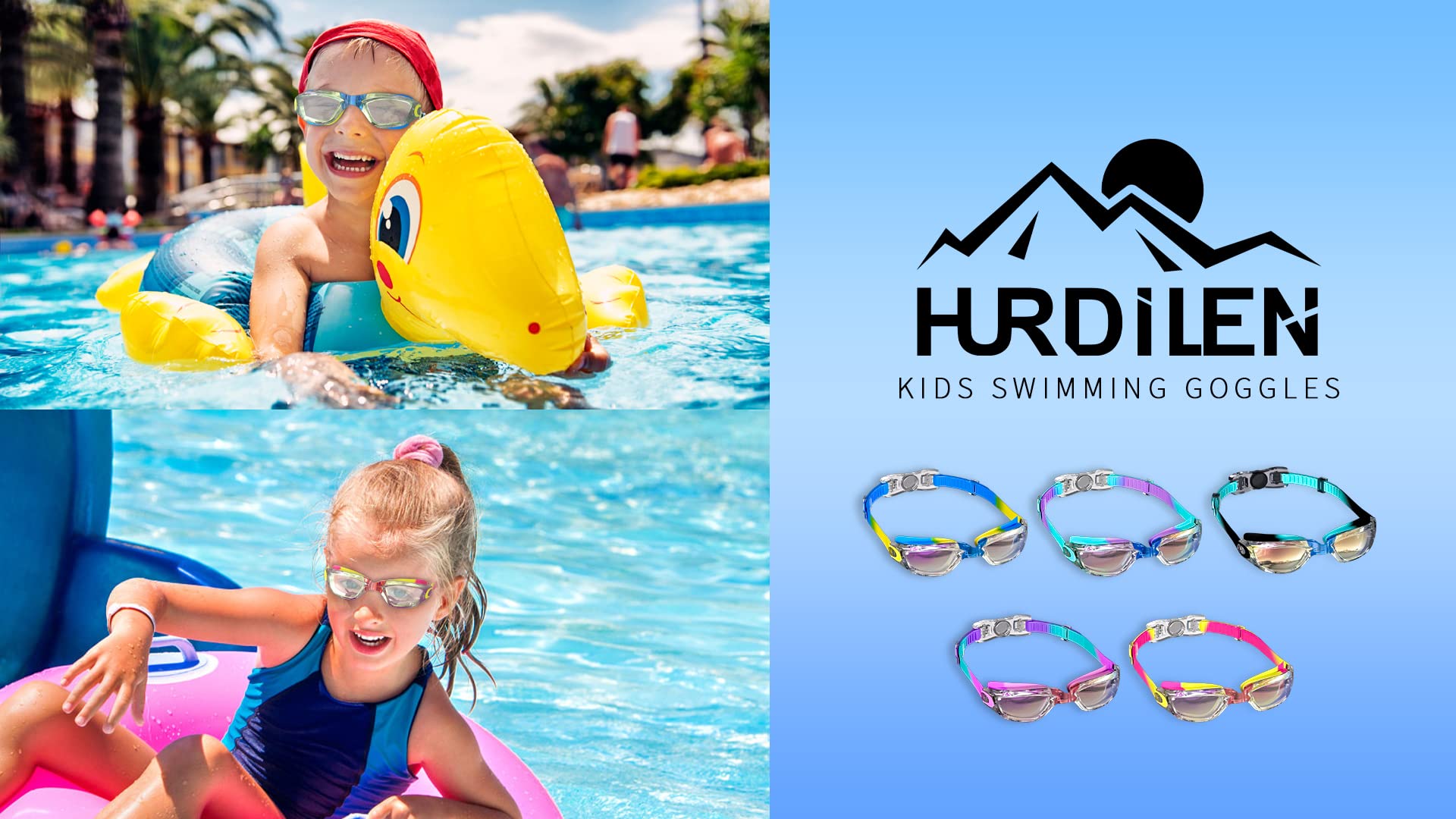 Hurdilen Kids Swim Goggles, Swimming Goggles for Kids Children, Anti-Fog Anti-UV Youth Swim Glasses with Nose Clip, Earplugs for Age 3-15