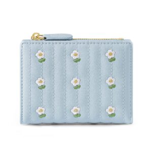 meisee small wallet for girls women tri-folded wallet cash pocket card holder coin purse with id window elegant youthful and cute- -flowers-blue