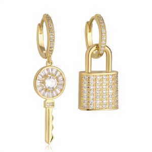 asymmetric padlock key drop dangle earrings micro pave cubic zirconia 14k gold hanging mismatch irregular geometric earrings jewelry