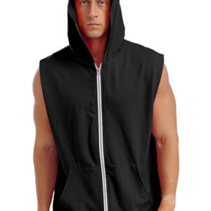 TiaoBug Men's Sleeveless Workout Hoodies Tank Tops Zip-up Hooded Vest Jacket with Kangaroo Pocket Muscle Tees Shirt Black Medium