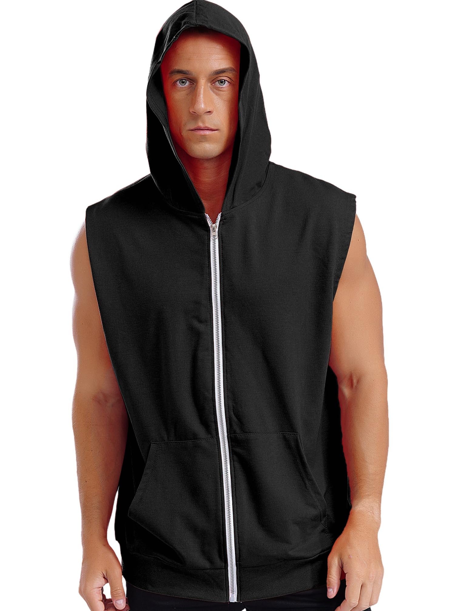 TiaoBug Men's Sleeveless Workout Hoodies Tank Tops Zip-up Hooded Vest Jacket with Kangaroo Pocket Muscle Tees Shirt Black Medium