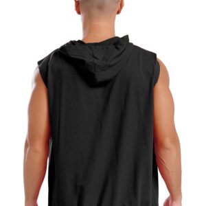 TiaoBug Men's Sleeveless Workout Hoodies Tank Tops Zip-up Hooded Vest Jacket with Kangaroo Pocket Muscle Tees Shirt Black Medium