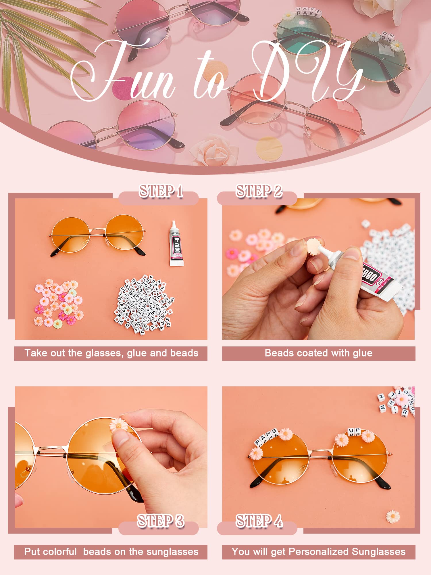 8 Pairs DIY Adult Round Sunglasses Hippie Circle Sunglasses with 200 Letter Beads 50 Daisy Beads and Glue for Women Men (Cute Color)