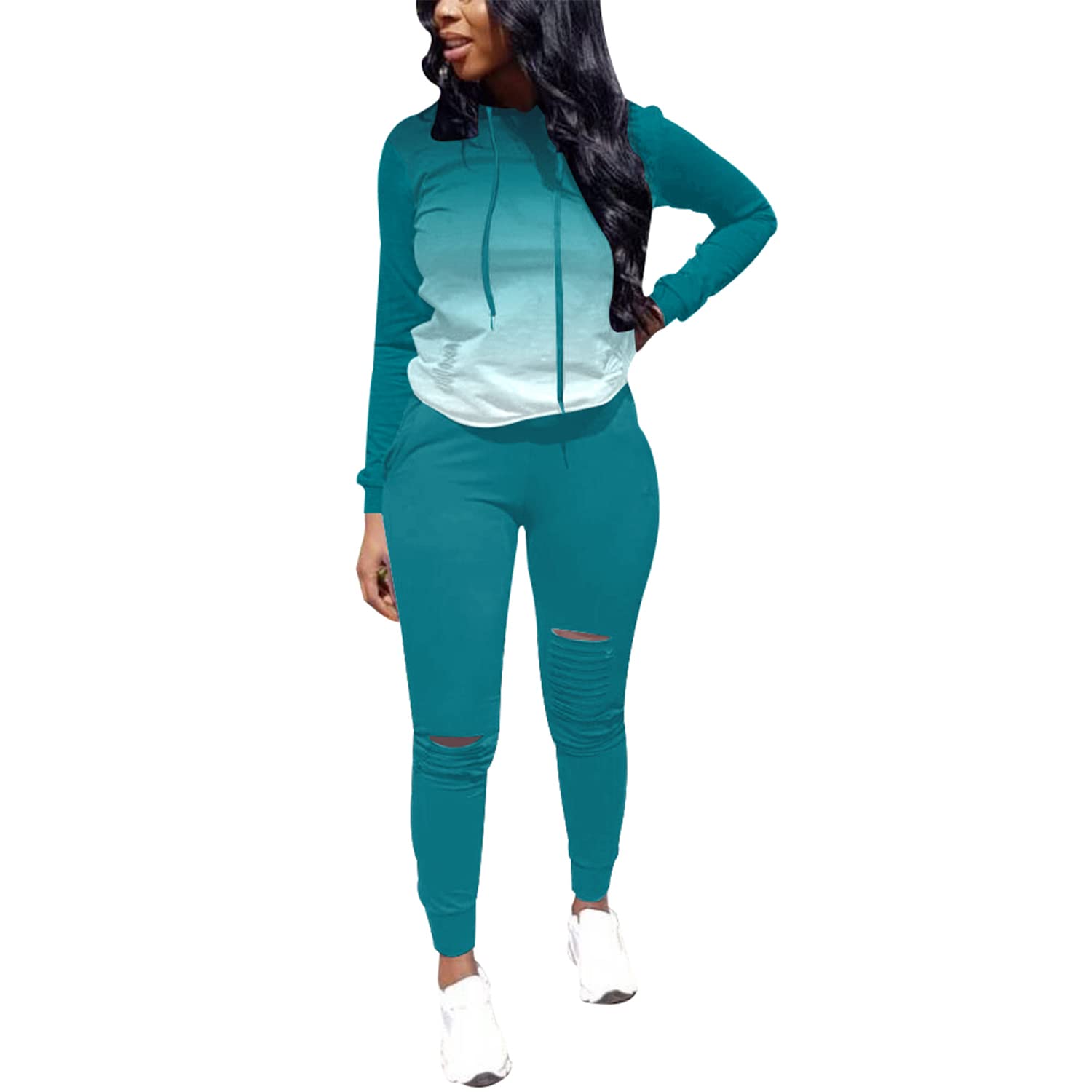 Nimsruc Women's Two Piece Outfits Casual Sweatsuit Long Sleeve Pant Sets Tracksuit Gradient Green XL