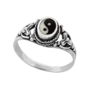 dainty 5/16 inch sterling silver yin yang ring for women & teens flower sides size 5