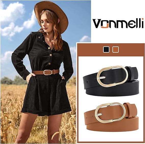 VONMELLI 2 Pack Women's Belts for Jeans Pants Fashion Gold Buckle Ladies Dress Belt Black Brown M