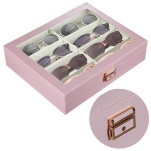 BLIENCE Sunglasses Organizer for Women, 8 Slot PU Leather Sunglasses Storage Case, Sweet Pink Eyeglasses Eyewear Display Case, Jewelry, Watch, Sunglasses Glasses Collector Box,Lockable and Clear Top