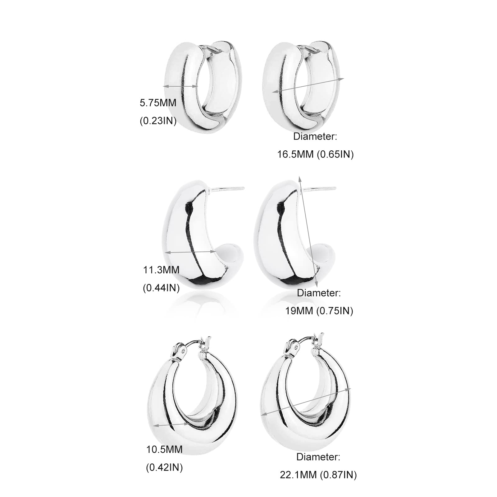 Gold Chunky Hoop Earrings Set for Women, 14K Gold Plated Twisted Huggie Hoop Earring Hypoallergenic, Thick Open Hoops Set Lightweight (3 silver hoop chunky)