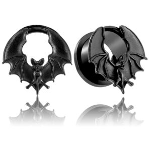 lademayh 2 pcs bat design ear plugs tunnels gauges for women - black stainless steel 316l body piercing basic earrings for stretched earlobe 10mm=00g