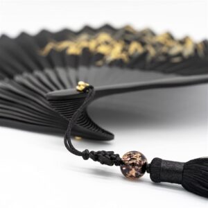 Small Black Folding Fans, Chinese Bamboo Leaf Pattern Hand Fan Folded Purse Hand Fan with Fabric Sleeve and Tassel, for Women