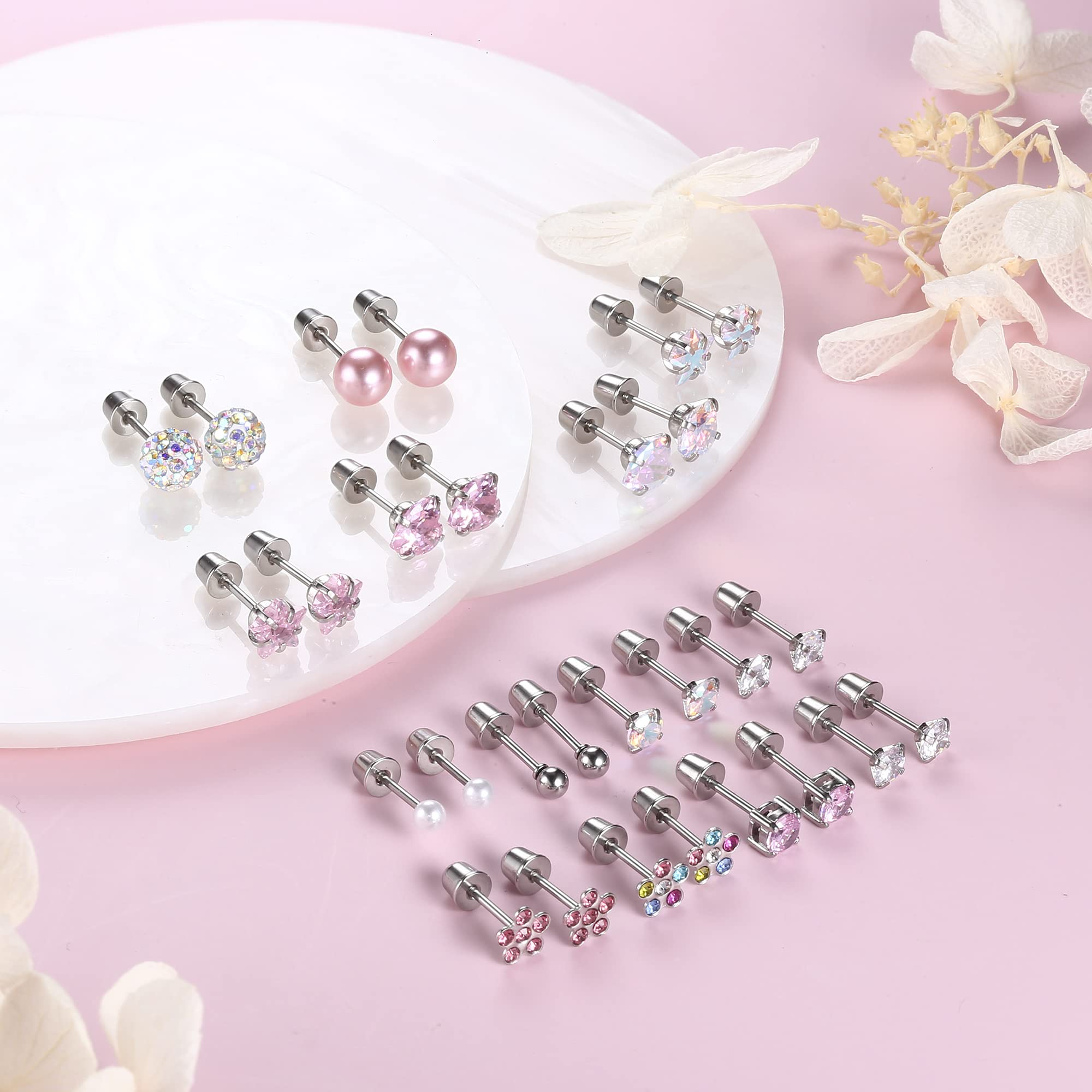 YADOCA 14 Pairs Hypoallergenic Screw Back Earrings for Girls Women Surgical Steel Tiny CZ Pearl Ball Heart Flower Screwback Earrings Studs Set Multicolored Pink