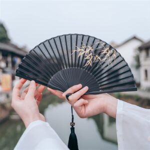 Small Black Folding Fans, Chinese Bamboo Leaf Pattern Hand Fan Folded Purse Hand Fan with Fabric Sleeve and Tassel, for Women