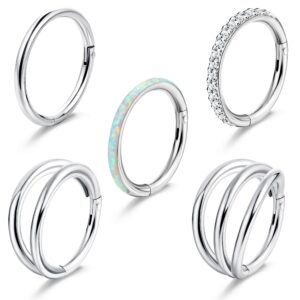 yadoca 5pcs 18g 16g surgical steel nose rings hoops for women men clicker septum hinged segment lip nose rings helix cartilage conch rook earrings cz opal body piercing jewelry 8mm 10mm