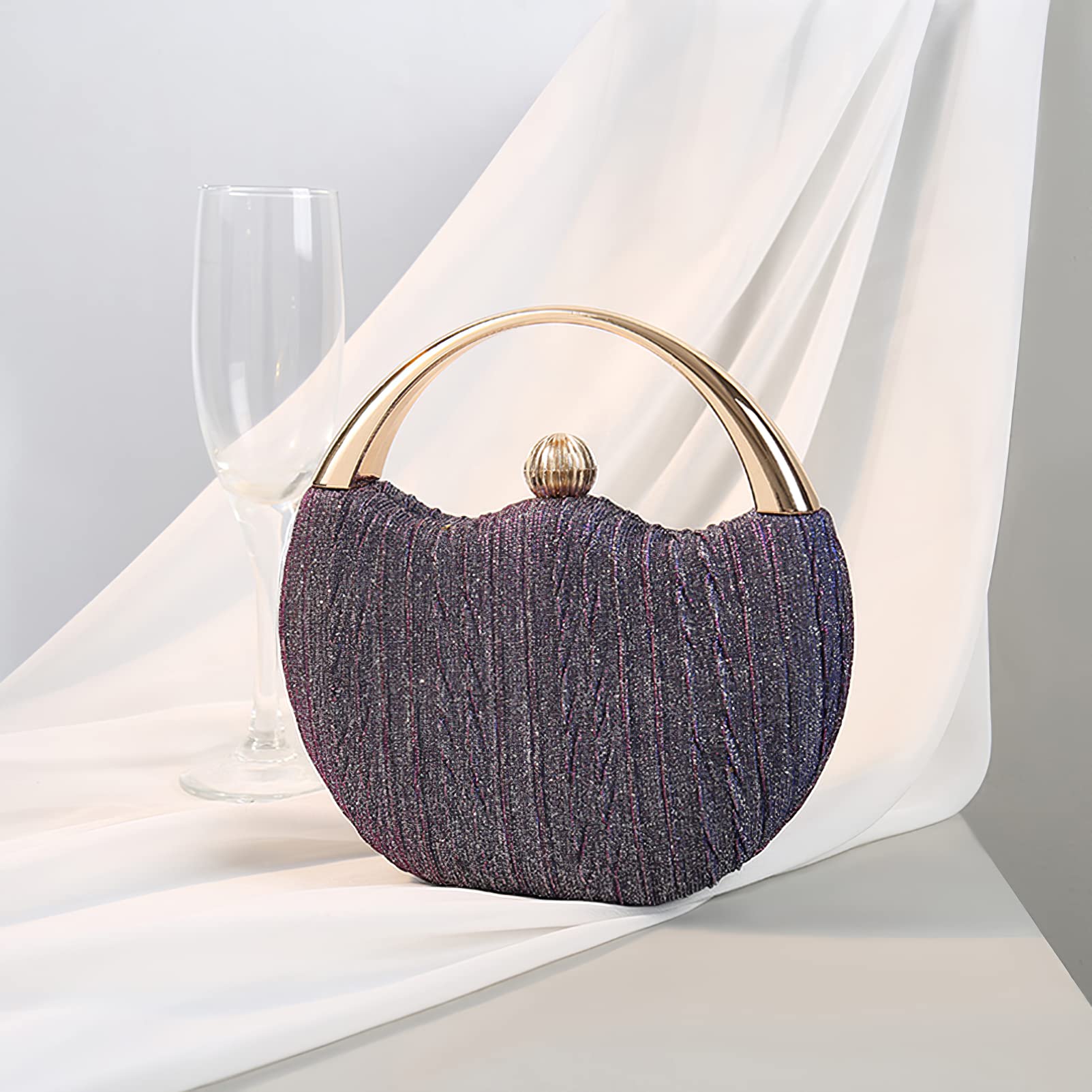 Anopo Evening Bag Clutch Purses Pleated Round Hard shell Crossbody Handbag with Lock Buckle Chain Strap for Women Wedding Party Formal Occasions Purple