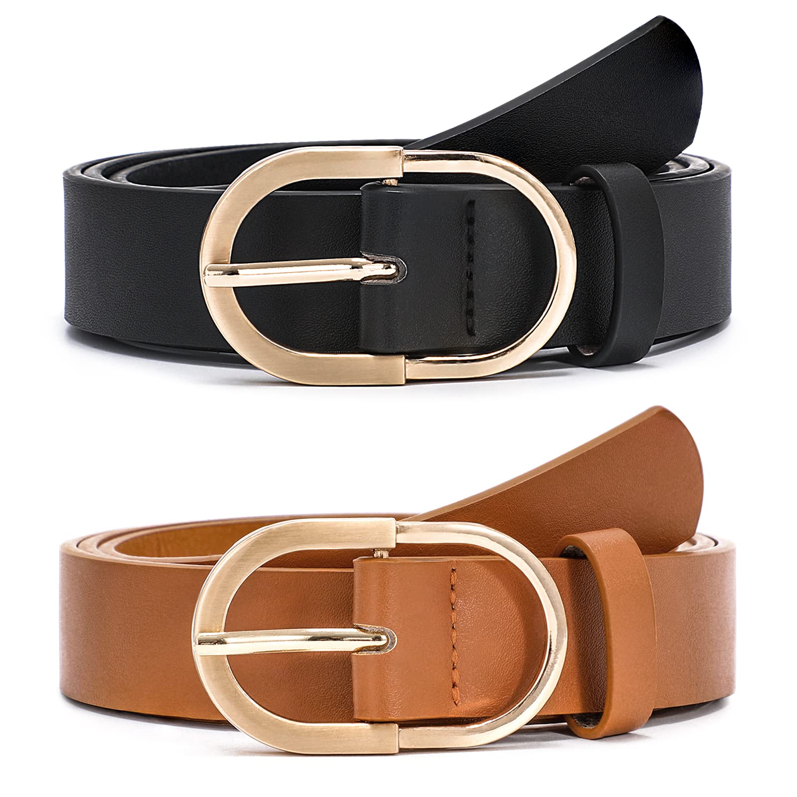 VONMELLI 2 Pack Women's Belts for Jeans Pants Fashion Gold Buckle Ladies Dress Belt Black Brown M