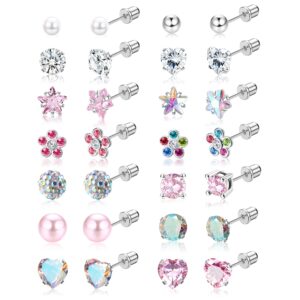 yadoca 14 pairs hypoallergenic screw back earrings for girls women surgical steel tiny cz pearl ball heart flower screwback earrings studs set multicolored pink