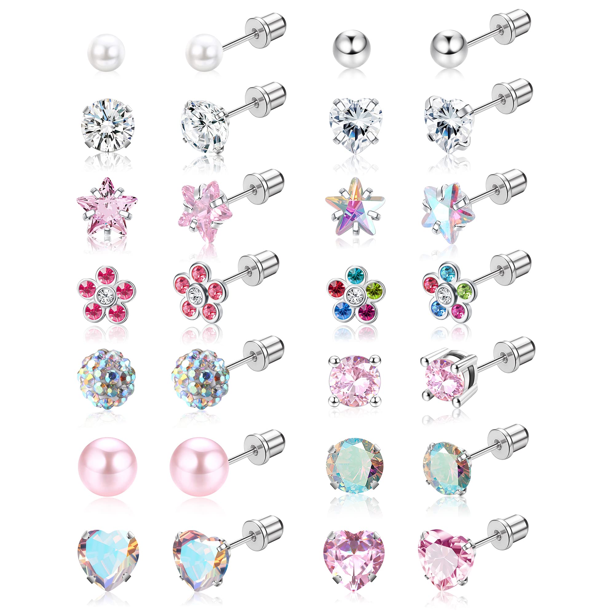 YADOCA 14 Pairs Hypoallergenic Screw Back Earrings for Girls Women Surgical Steel Tiny CZ Pearl Ball Heart Flower Screwback Earrings Studs Set Multicolored Pink