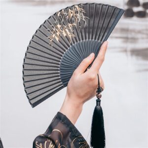 Small Black Folding Fans, Chinese Bamboo Leaf Pattern Hand Fan Folded Purse Hand Fan with Fabric Sleeve and Tassel, for Women