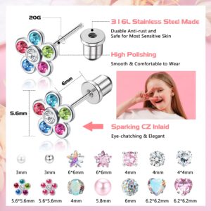 YADOCA 14 Pairs Hypoallergenic Screw Back Earrings for Girls Women Surgical Steel Tiny CZ Pearl Ball Heart Flower Screwback Earrings Studs Set Multicolored Pink