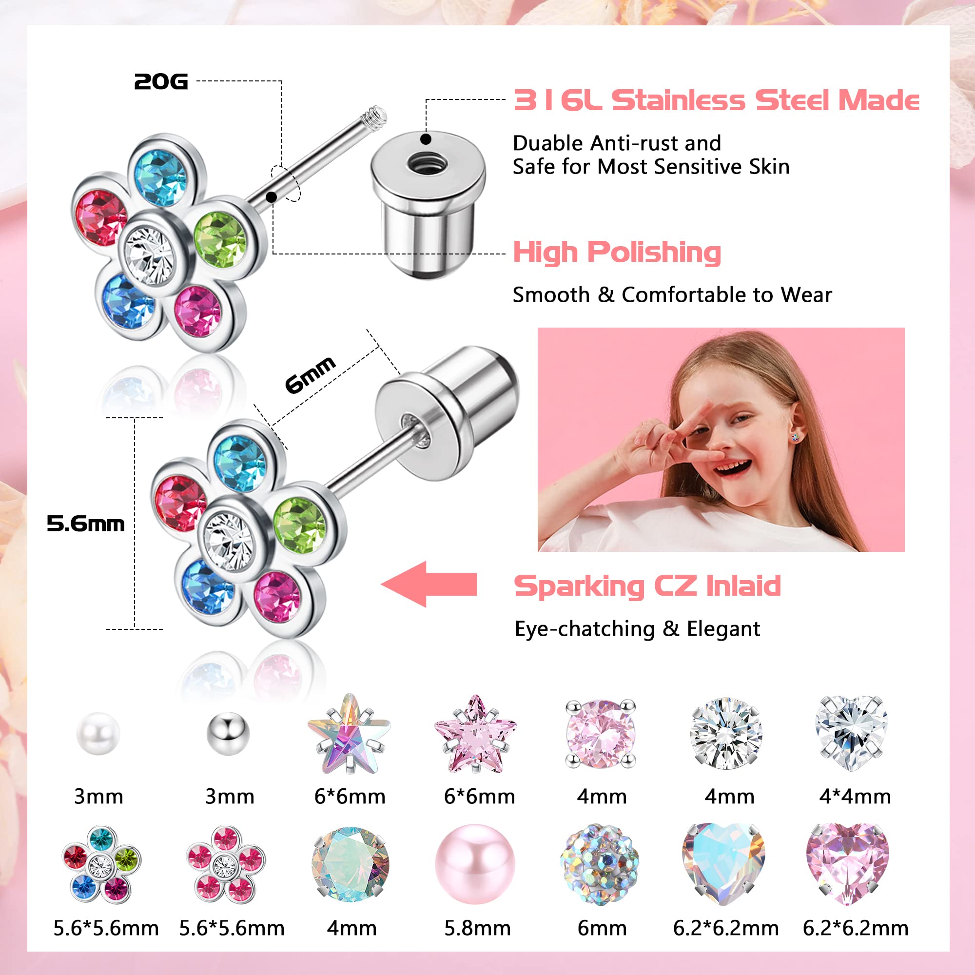 YADOCA 14 Pairs Hypoallergenic Screw Back Earrings for Girls Women Surgical Steel Tiny CZ Pearl Ball Heart Flower Screwback Earrings Studs Set Multicolored Pink