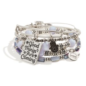 alex and ani connections expandable bangle for women, good things are coming charm, set of 4, rafaelian silver finish, 2 to 3.5 in