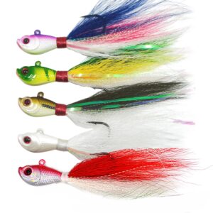 kmucutie 5 pcs deer tail hair bucktail jigs saltwater or freshwater bait,for bass flounder fluke striper fishing lure (mixed color c, 0.25 oz)