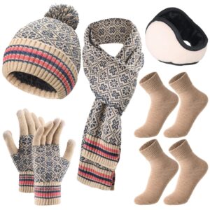 5 in 1 women soft warm thick cable knitted beanie hat scarf gloves socks earmuff set thickened lining cap touchscreen gloves (beige, khaki)