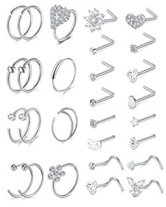 anicina 20g nose rings studs surgical stainless steel hoops l shape nostril nose piercing jewelry heart flower butterfly hypoallergenic screw for women men silver