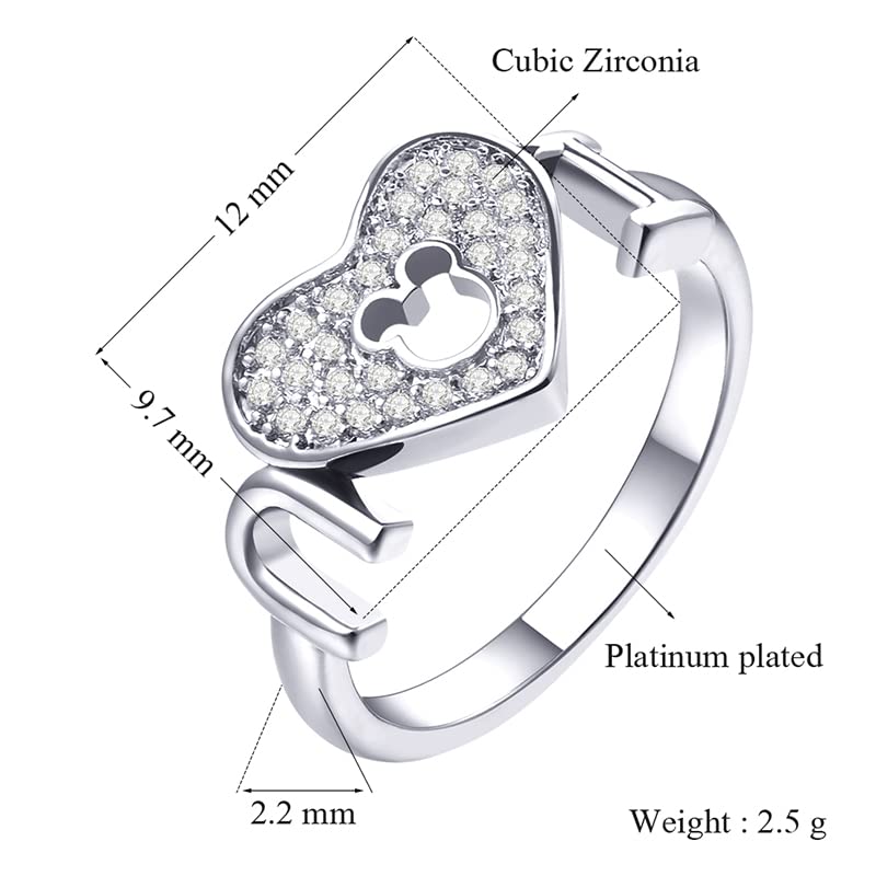 Women's Mickey Heart Shape Rings 925 Silver Plated Cubic Zirconia Mouse Ring For Women Party Jewelry Band (Color 2, 9)