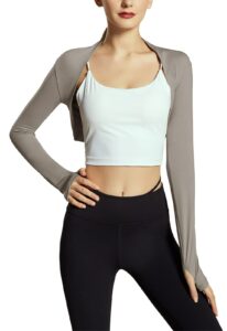 trendy ballet dance shawl shrug for women open front cardigan workout arm sleeves crop bolero top with thumb holes for cycling outdoor yoga pilates golf sun protection grey