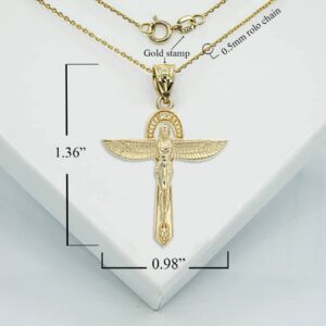 Ancient Egypt Jewelry Horus 14K Yellow Gold Ankh Winged Cross Egyptian Goddess Isis Pendant Necklace, 18"