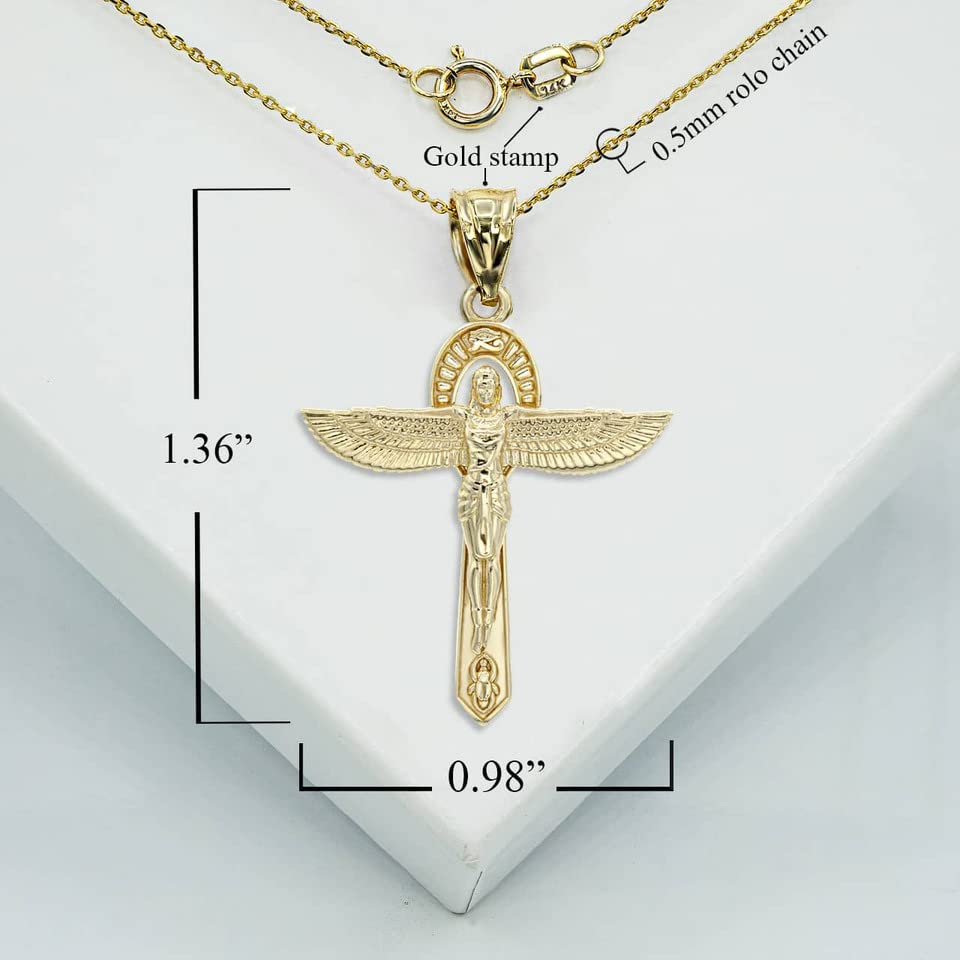 Ancient Egypt Jewelry Horus 14K Yellow Gold Ankh Winged Cross Egyptian Goddess Isis Pendant Necklace, 18"