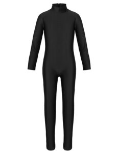 qinciao children's girls spandex gymnastics full length bodysuit jumpsuit long sleeve catsuit unitard dance wear leotard black 11-12