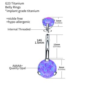 VOJO G23 Titanium Belly Button Rings Cubic Zircon Opal Hypoallergenic Threaded 14G Diamond Navel Body Piercing Jewelry Birthstone for Women (14G 5mm+8mm, Claw Dark Purple Opal)