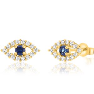 Solid 14k Yellow Gold Evil Eye Stud Earrings with Sparkling Cubic Zirconia (Yellow Gold)