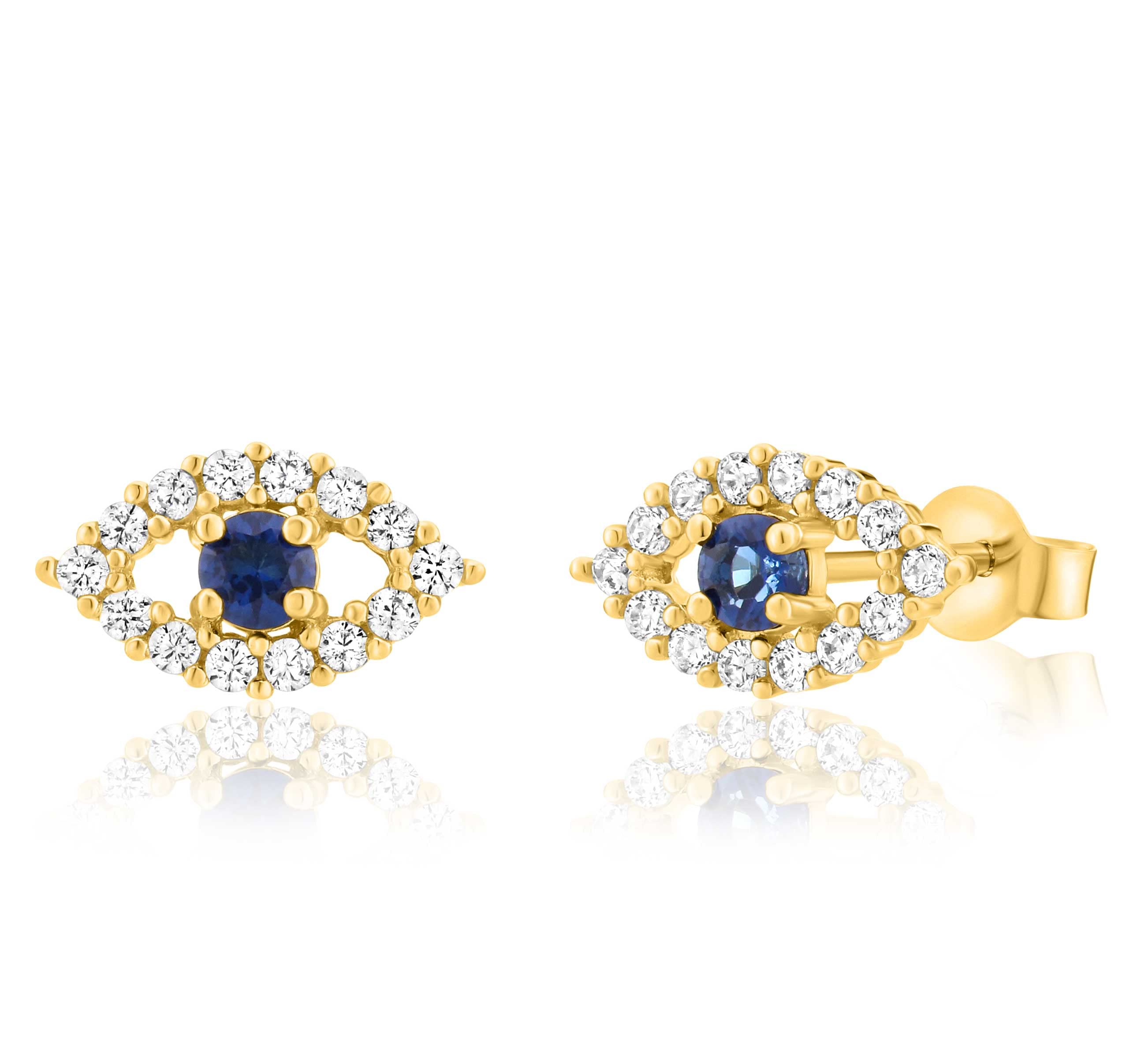 Solid 14k Yellow Gold Evil Eye Stud Earrings with Sparkling Cubic Zirconia (Yellow Gold)