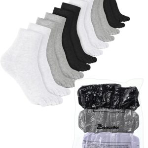 Bencailor 6 Pairs Women Five Toe Socks Cotton Breathable Compression Solid Color Tube Sock for Women Men Athletic Running(5-9,Black, White, Gray)