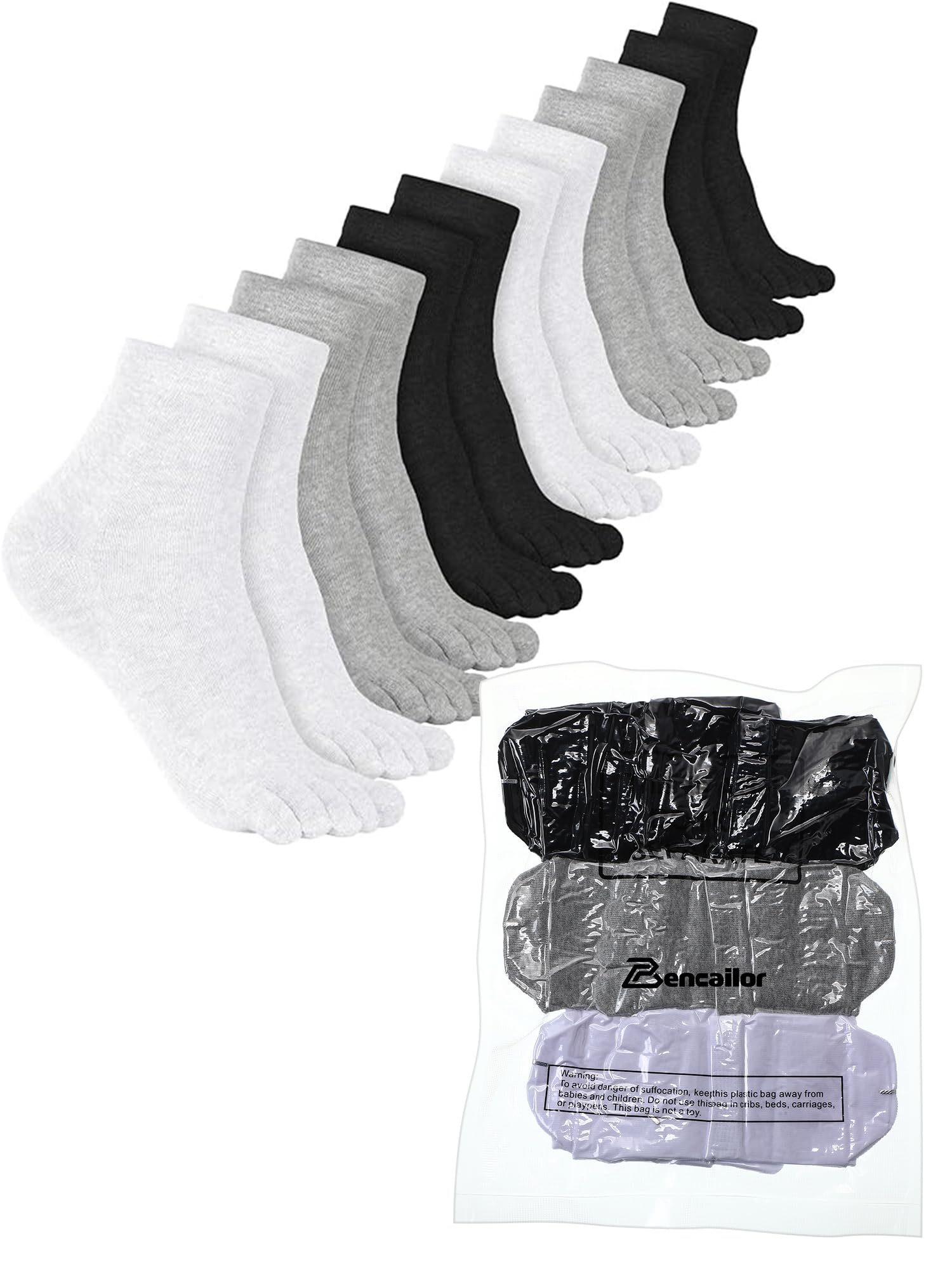 Bencailor 6 Pairs Women Five Toe Socks Cotton Breathable Compression Solid Color Tube Sock for Women Men Athletic Running(5-9,Black, White, Gray)