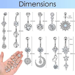 Belly Button Piercing Ring for Women, 10 PCS 14G Surgical Steel Belly Button Rings Barbell Jewelry Rings Bulk for Body Piercing with Long Bar Dangle Curved Navel Rings Heart Belly Ring