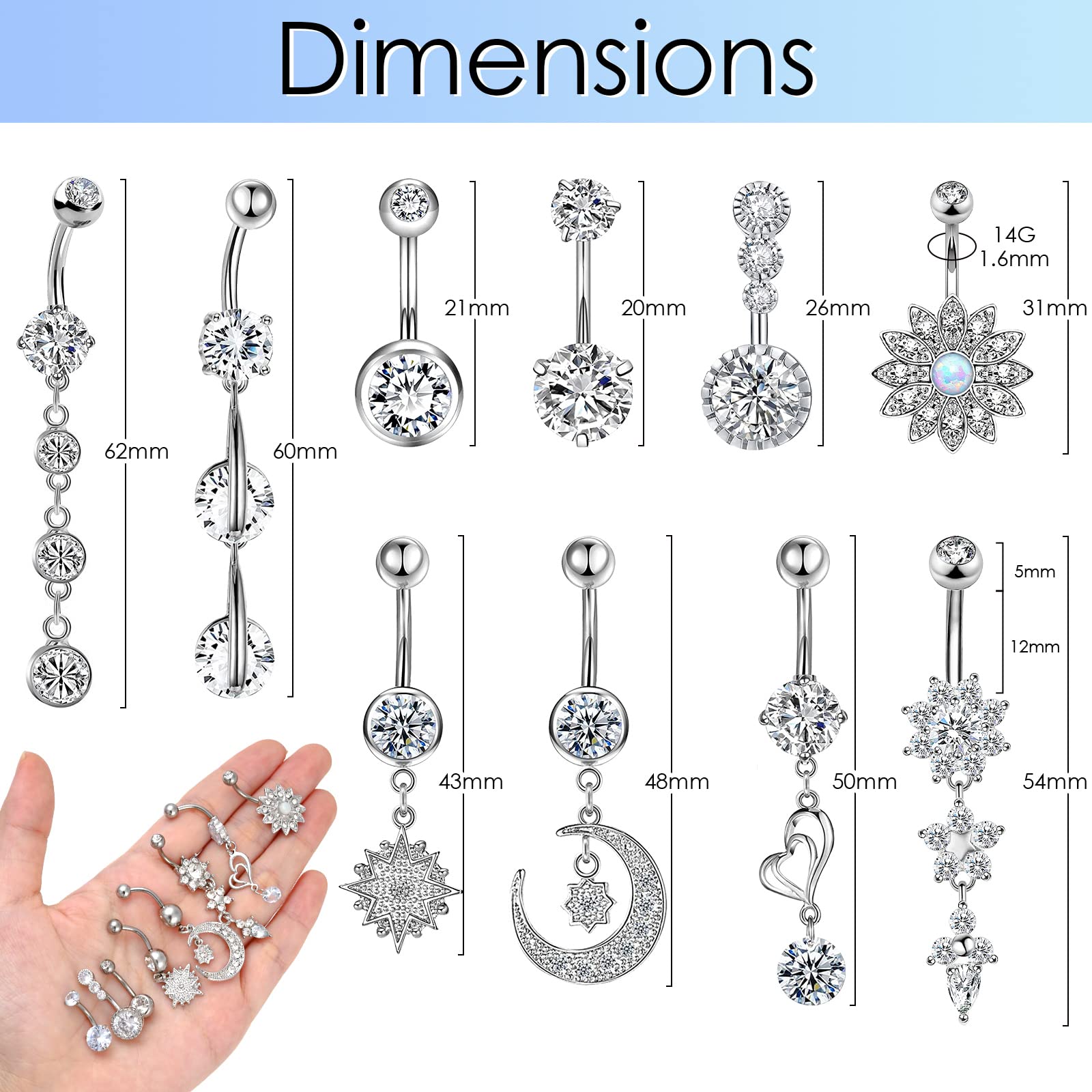 Belly Button Piercing Ring for Women, 10 PCS 14G Surgical Steel Belly Button Rings Barbell Jewelry Rings Bulk for Body Piercing with Long Bar Dangle Curved Navel Rings Heart Belly Ring