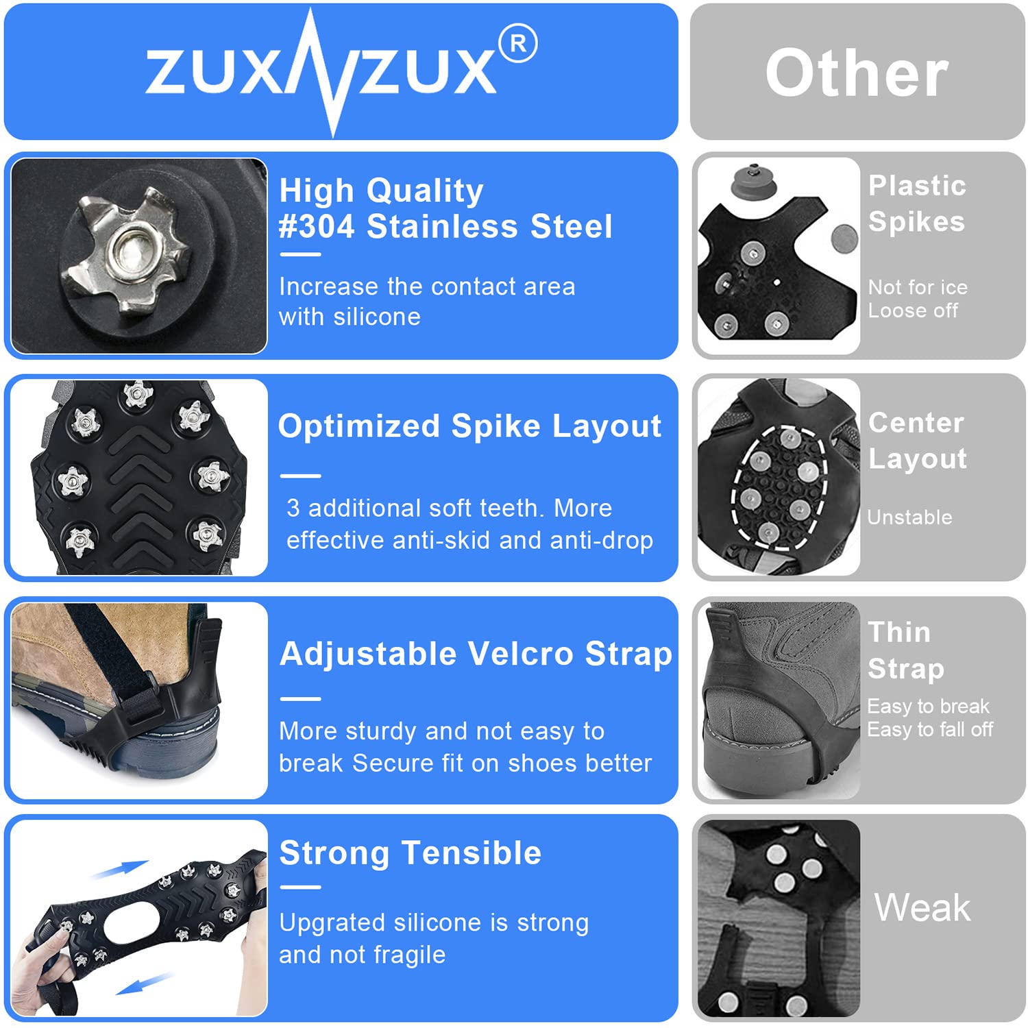 ZUXNZUX Crampons, Ice Cleats for Shoes and Boots, Silicone Stainless Steel Grippers Shoe Spikes Grips Traction for Ice Snow, Winter Hiking Climbing Ice Fishing