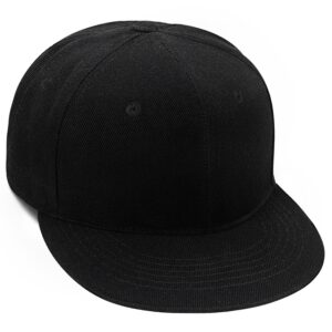 classic flat bill snapback hats for men women, hip hop style unisex adjustable plain baseball cap-black