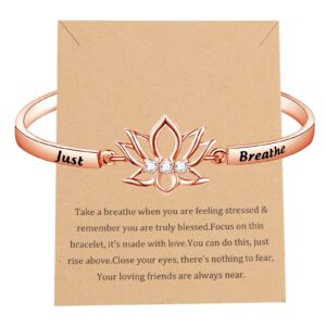 wusuaned spiritual lotus flower bracelet with message card just breathe jewelry yoga healing inspirational gift for women (just breathe bracelet card rose gold)